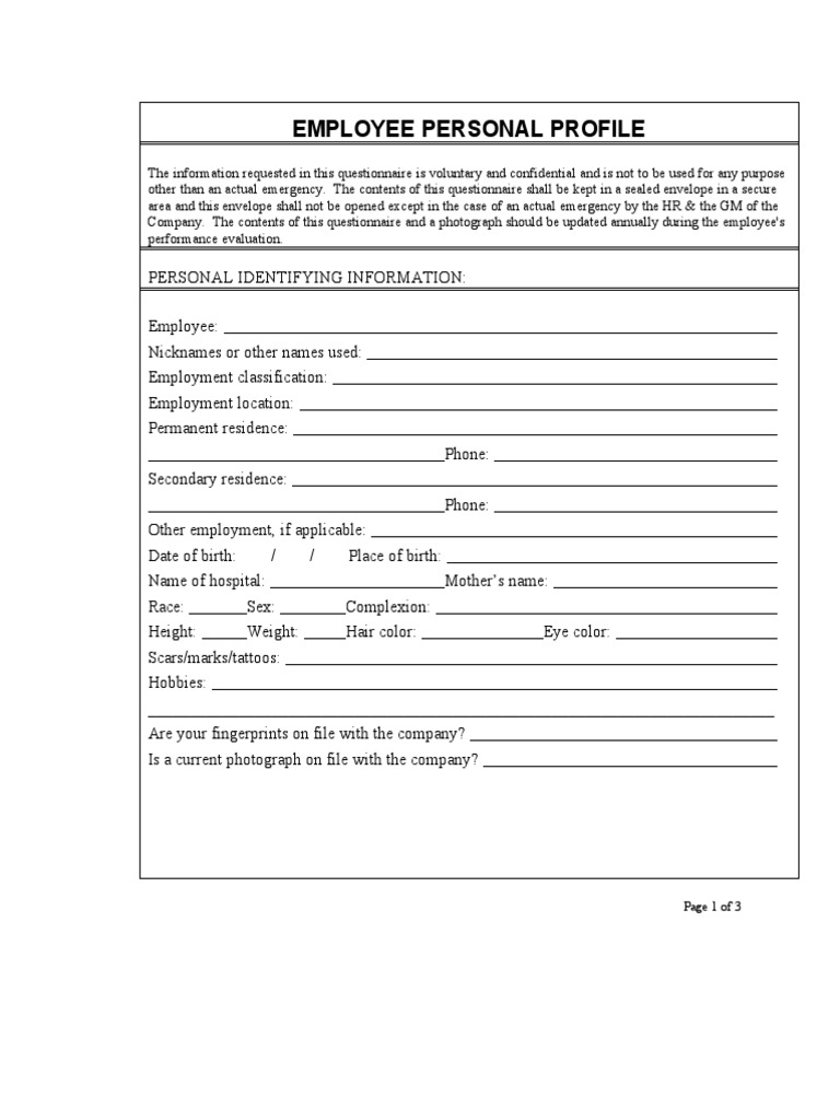 Employee Personal Profile Form | PDF | Business | Labour