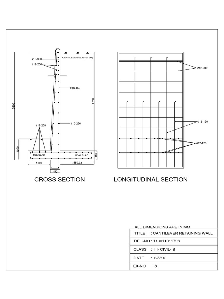 Design Drawing of a Cantilever Retaining Wall with Reinforced Concrete ...