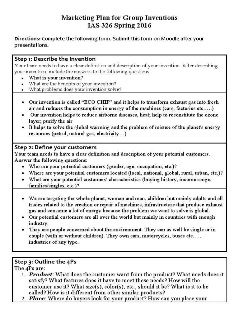 Marketing Plan For Group Inventions IAS 326 Spring 2016: Step 1 ...