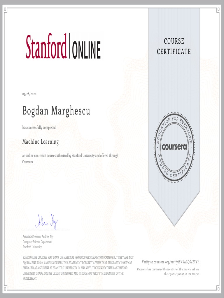 Coursera Machine Learning Stanford Certificate | PDF | Educational Stages | Cognition
