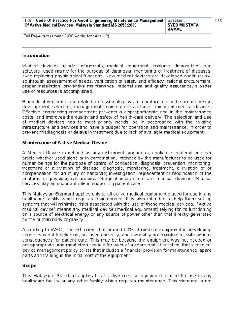 Of Active Medical Devices-Malaysia Standard MS 2058:2009 Syed Mustafa ...