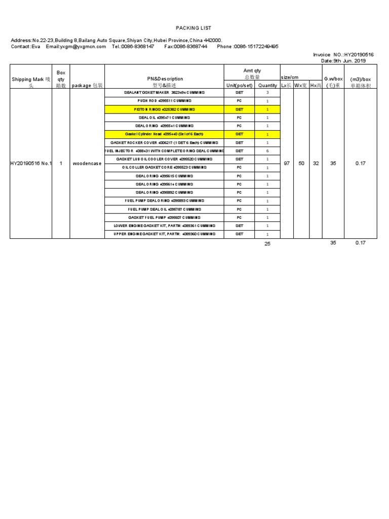 Shipping Mark 唛 头 Box qty 箱数 package 包装 PN&Description 型号 &描述 Amt qty 总 ...