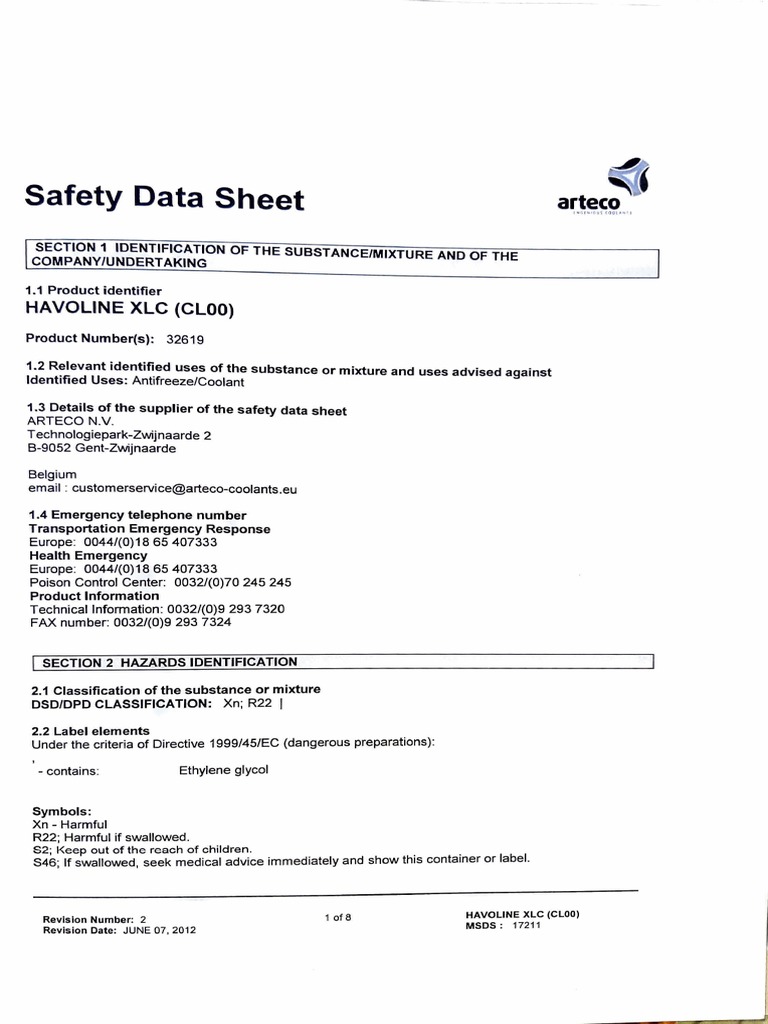 Havoline XLC Antifreeze Safety Data Sheet | PDF