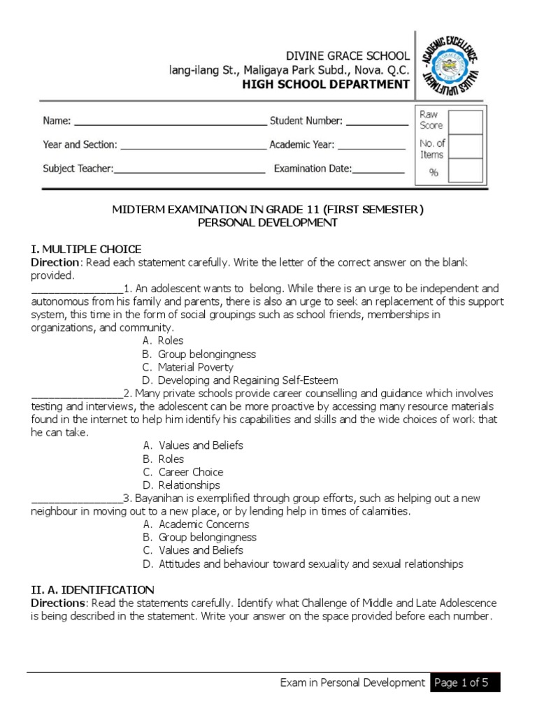 Personal Development Midterm Exam Edited | PDF | Stress (Biology ...