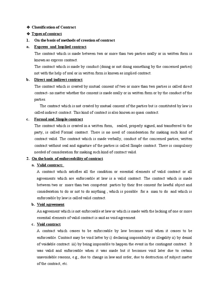 Classification of Contract | PDF | Consideration | Void (Law)