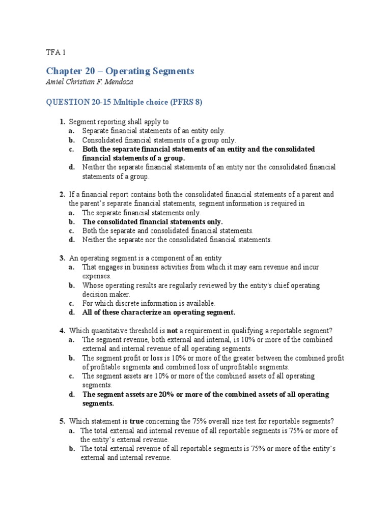 Chapter 20 - Operating Segments: QUESTION 20-15 Multiple Choice (PFRS 8) | PDF | Financial ...