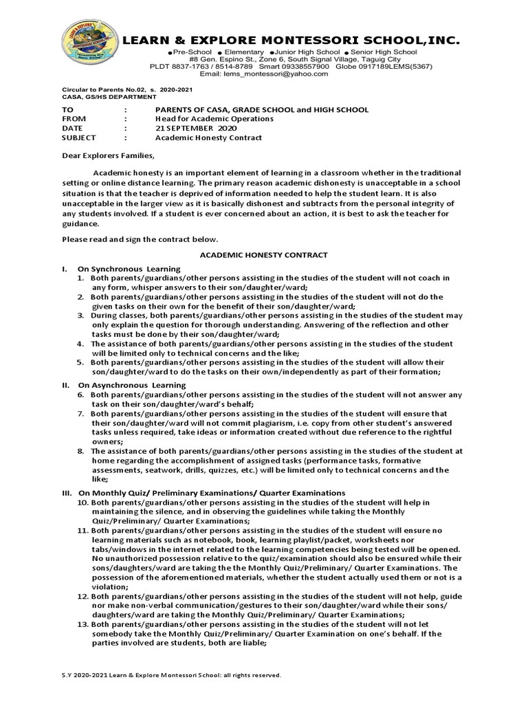 Learn & Explore Montessori School, Inc.: Circular To Parents No.02, S ...