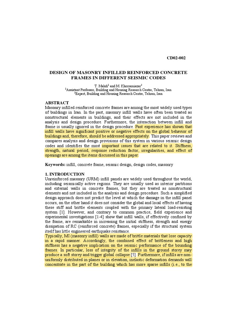 Design of Masonry Infilled Reinforced Concrete Frames in Different Seismic Codes | PDF ...