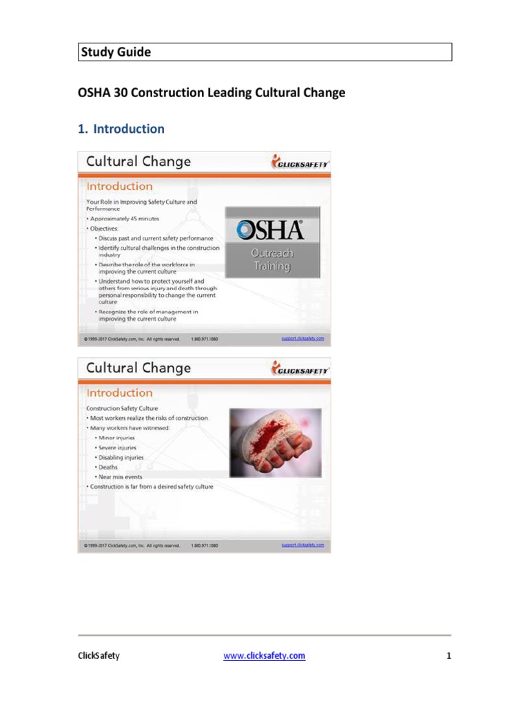 Study Guide Osha 30 Construction Leading Cultural Change: Clicksafety 1 ...