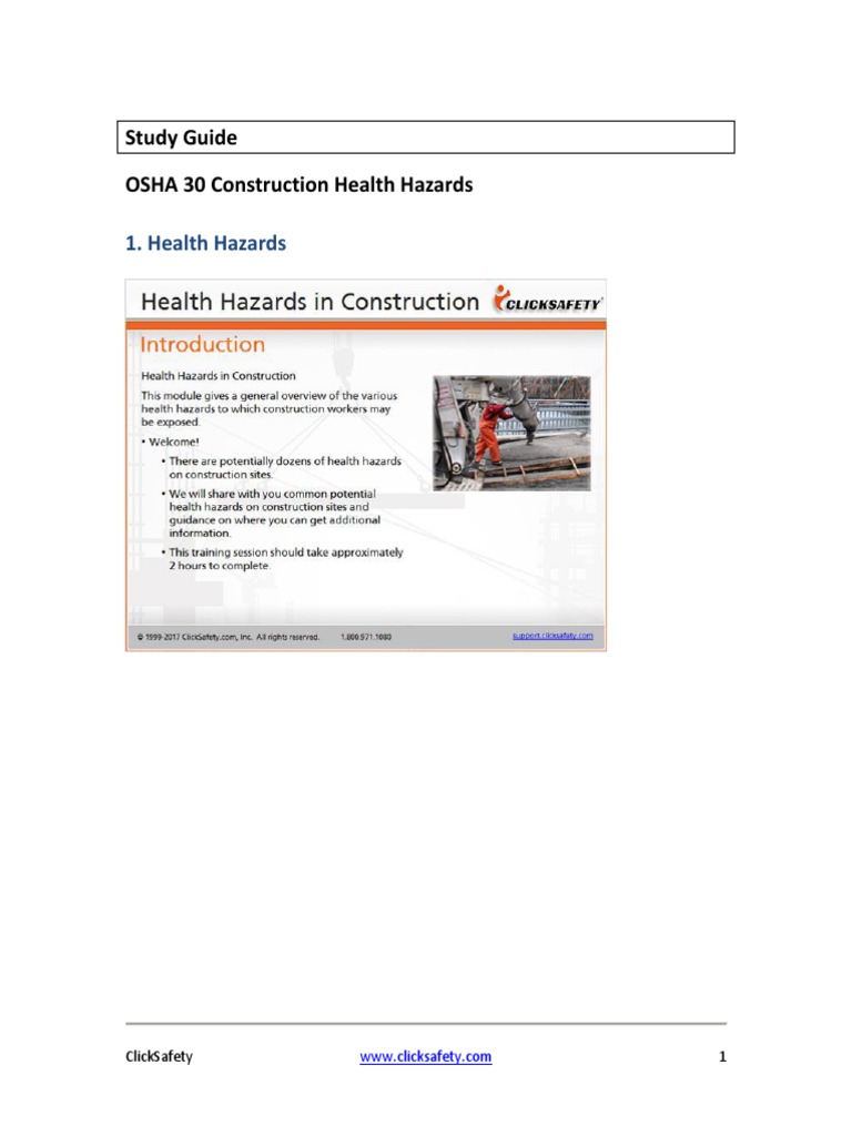 OSHA 30 Construction Health Guide | PDF | Occupational Safety And ...
