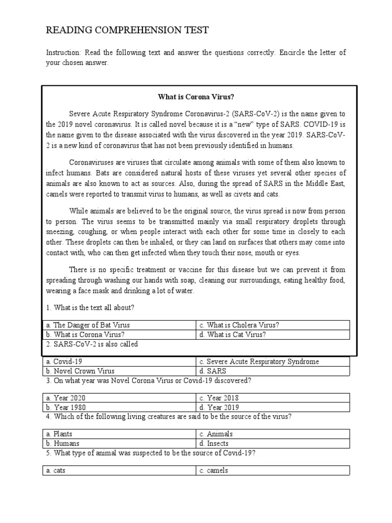 Reading Comprehension Test: What Is Corona Virus? | PDF | Virus ...
