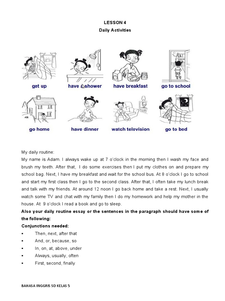 Lesson 4 Daily Activities: Bahasa Inggris SD Kelas 5 | PDF | Indonesian ...