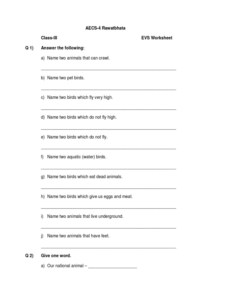 AECS-4 Rawatbhata Class-III EVS Worksheet Q1) Answer The Following ...