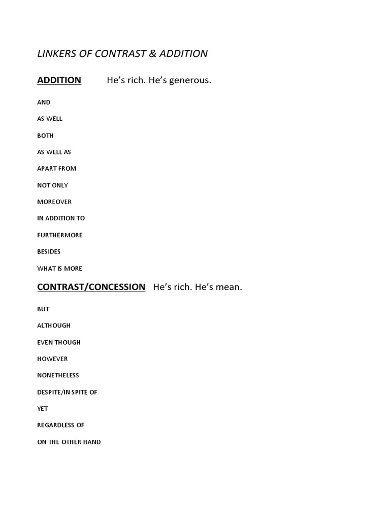Contrast and Addition Linkers Guide | PDF | Politics | Social Science