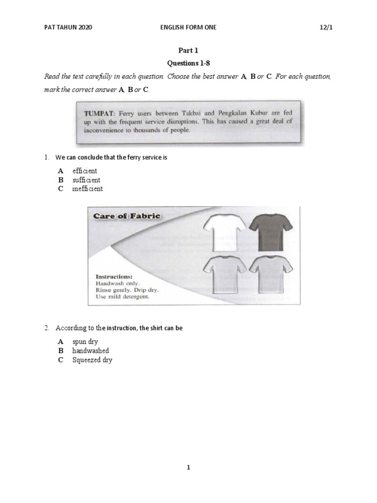 PAT 2020 English Form 1 Exam Questions | PDF | Ginger | Laughter