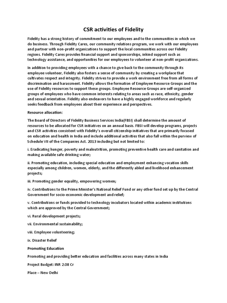 CSR Activities of Fidelity: Resource Allocation | Download Free PDF ...