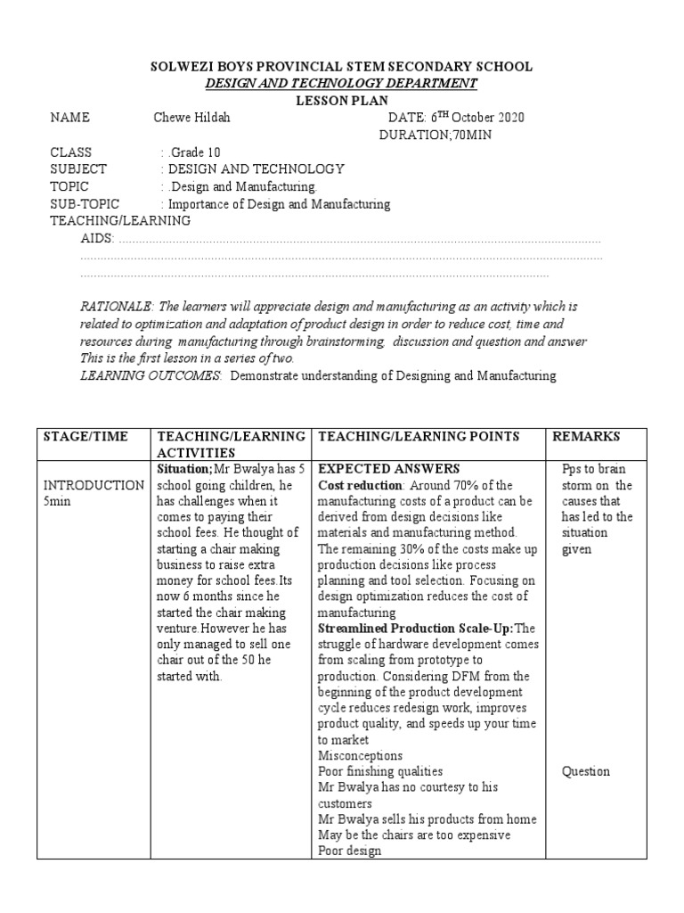 Design and Technology Department: Solwezi Boys Provincial Stem ...