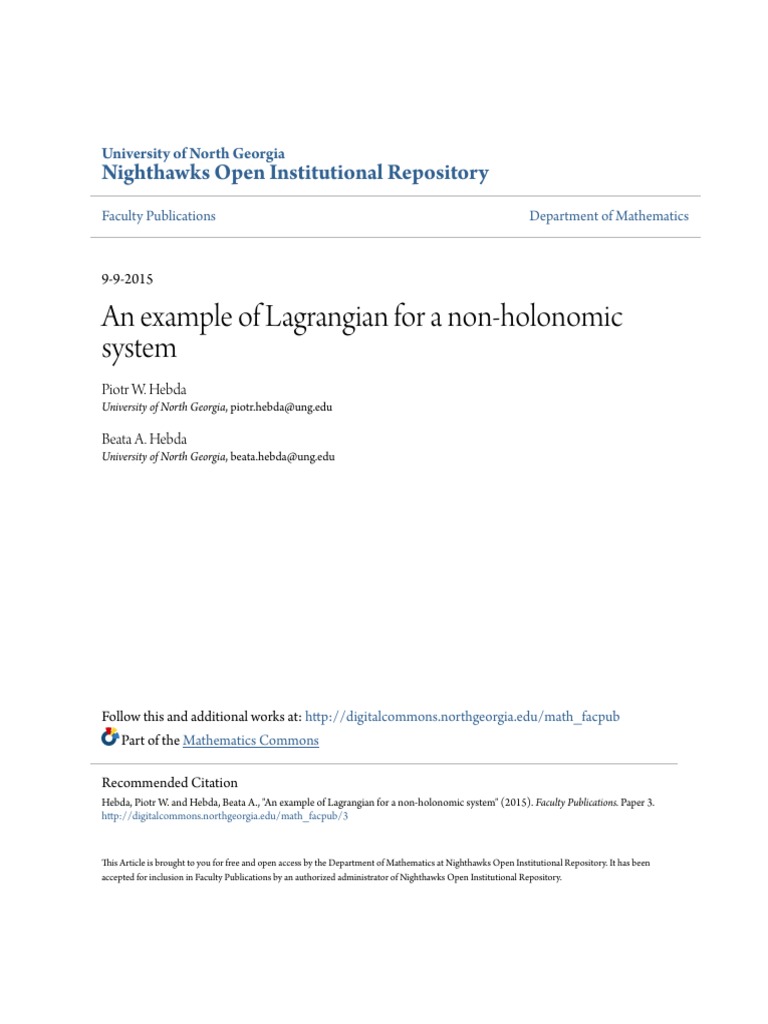 An Example of Lagrangian For A Non-Holonomic System | PDF | Lagrangian Mechanics | Hamiltonian ...
