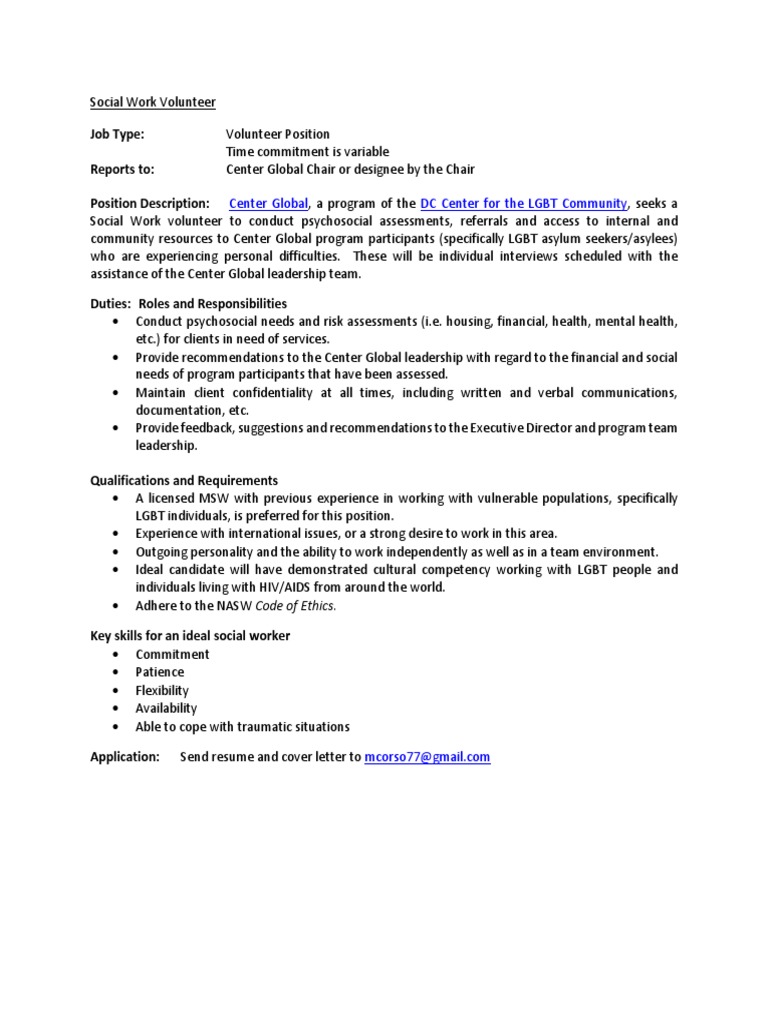 Job Description Social Worker Volunteer | PDF
