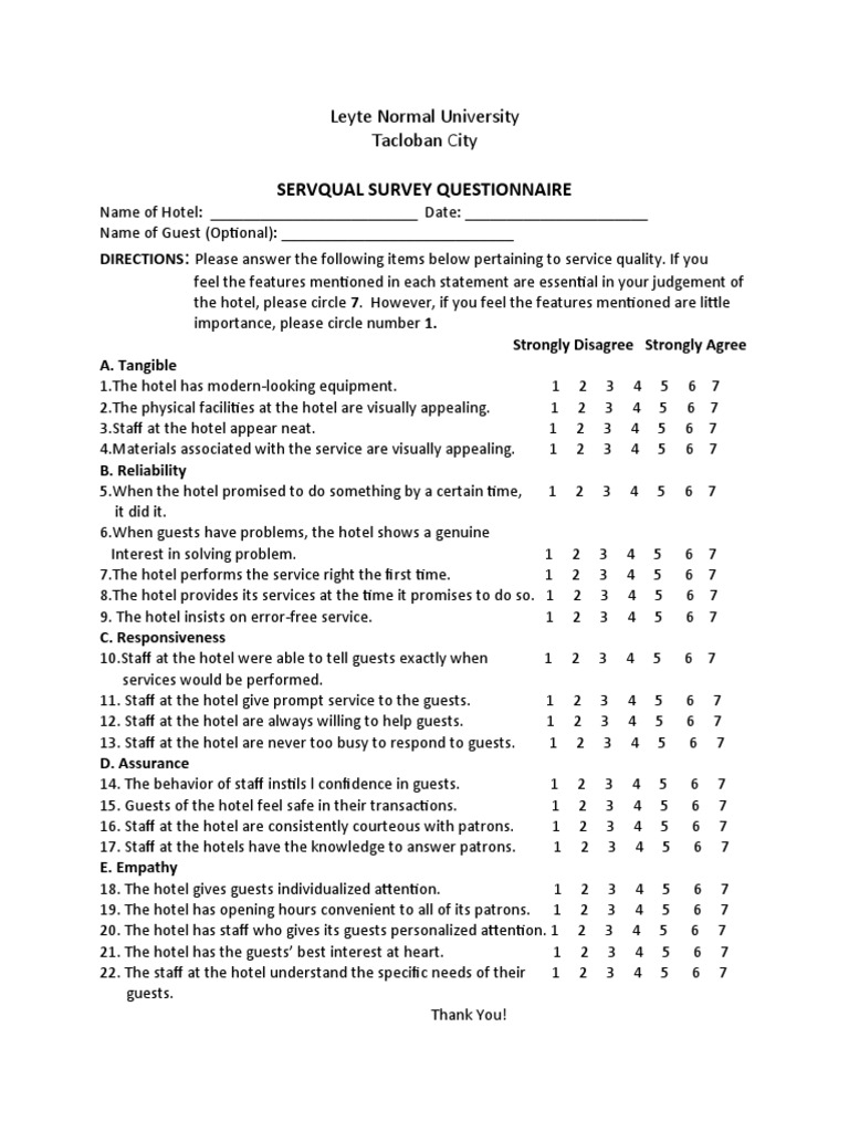 Servqual Survey Questionnaire: Leyte Normal University Tacloban City ...