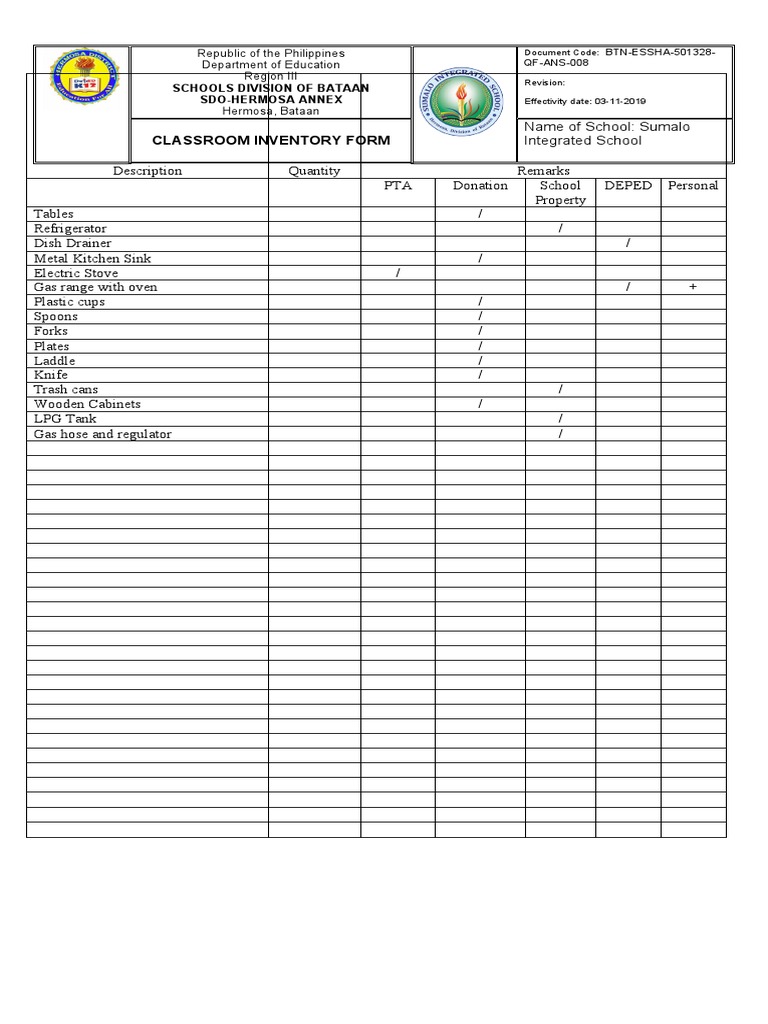 Classroom Inventory Form: Schools Division of Bataan Sdo-Hermosa Annex ...