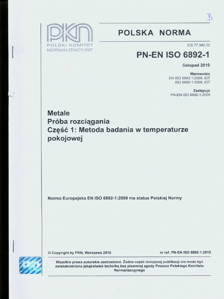 Norma Rozciaganie Metali PN EN ISO 6892 1 PDF | PDF