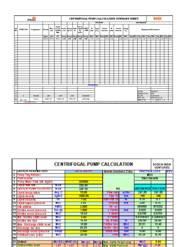 Centrifugal Pump Calculation Summary Sheet | PDF | Pump | Liquids