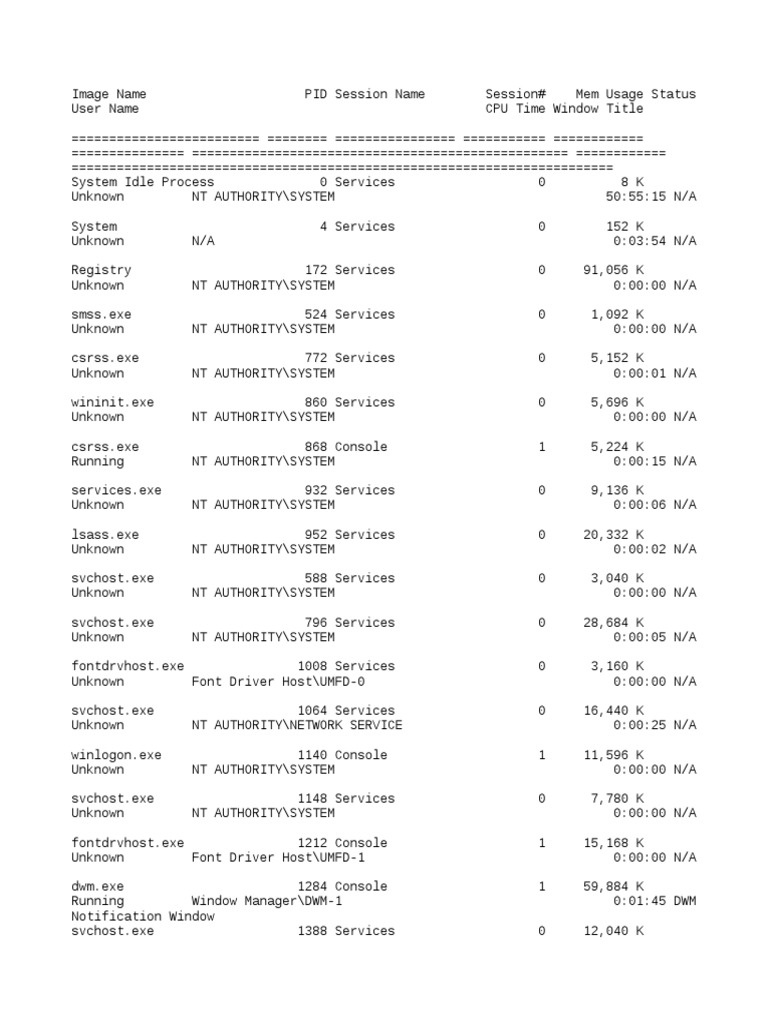 Process List: Details on Running Processes Including Memory Usage, User ...