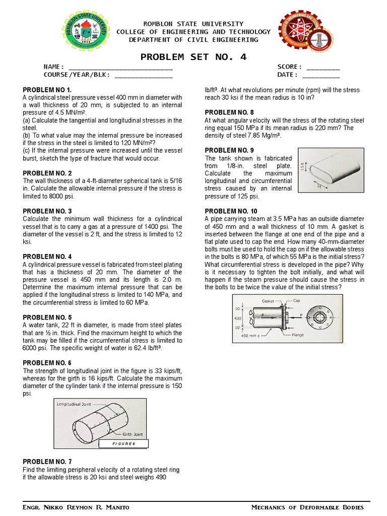 Problem Set No. 4 PDF | Download Free PDF | Stress (Mechanics) | Strength Of Materials