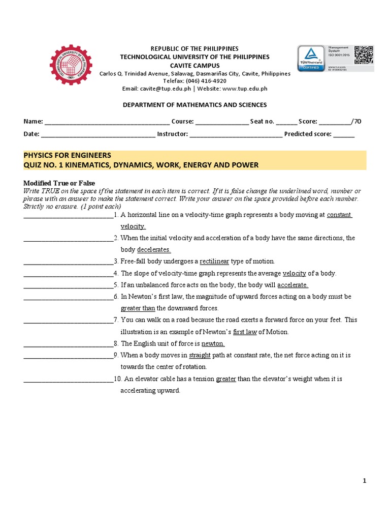 Quiz No. 1-Unit 1, 2, 3 - KINEMATICS, STATICS, DYNAMICS & ENERGY (SET A ...