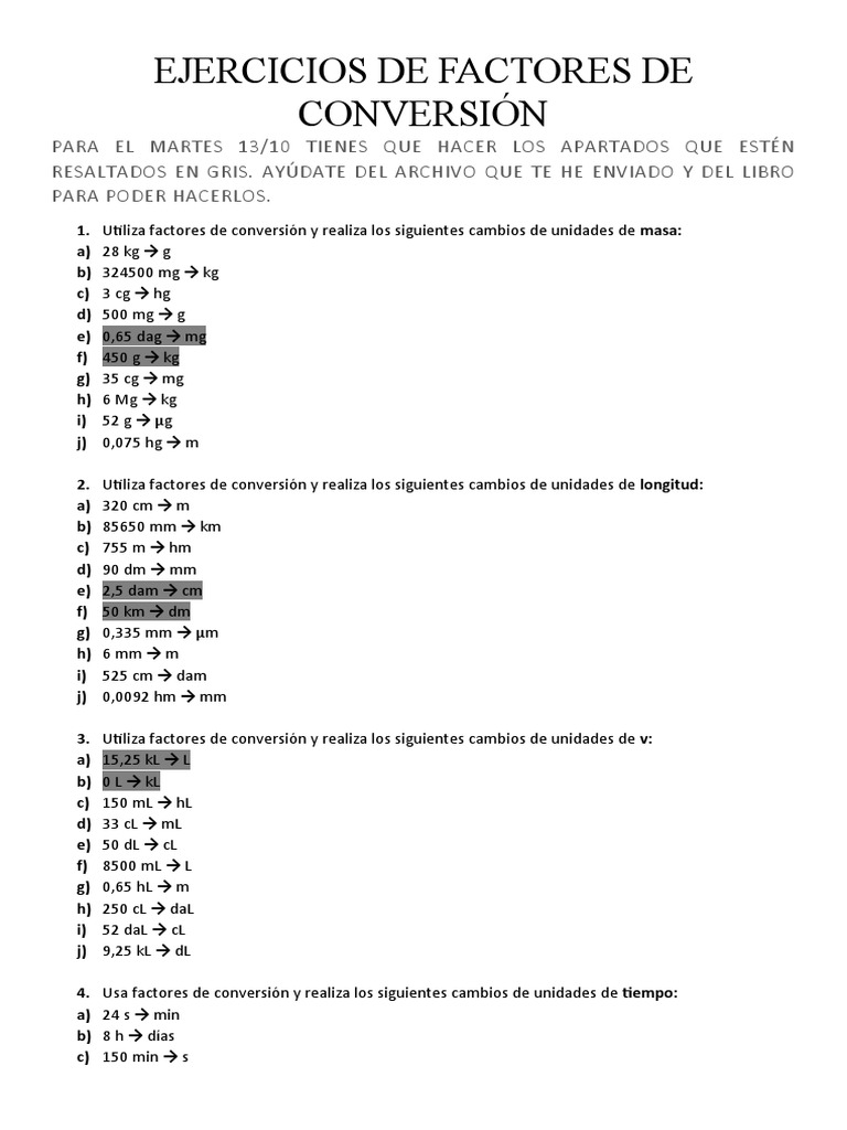 Ejercicios de Factores de Conversión | PDF