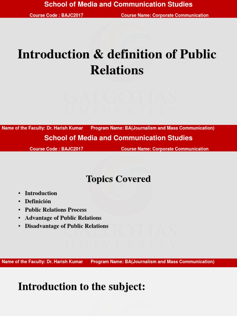 Introduction & Definition of Public Relations: Course Code: BAJC2017 ...