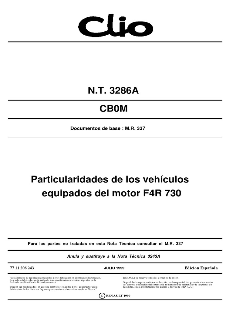 Clio f4r 730 Engine Cb0m 3286a Bueno PDF | PDF | Tornillo | Inyección ...