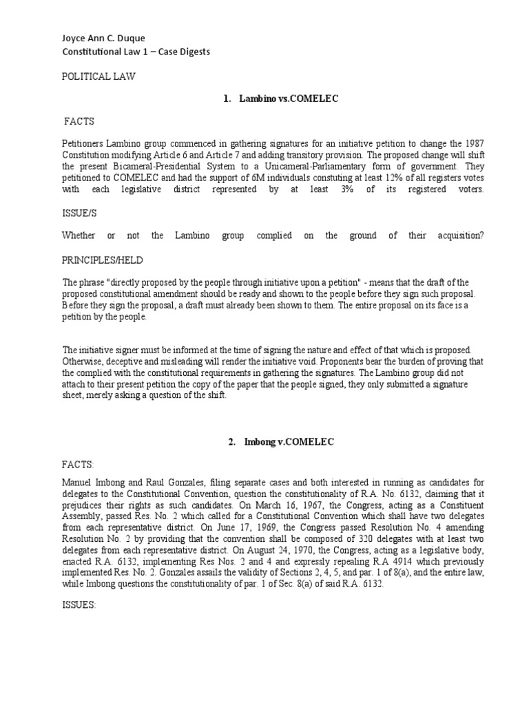 Joyce Ann C. Duque Constitutional Law 1 - Case Digests | PDF | Initiative | Constitutional Amendment