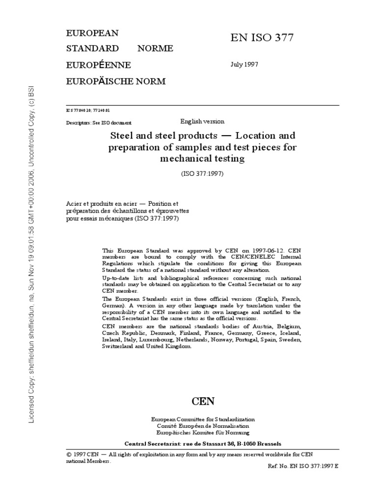 En Iso 377: Steel and Steel Products - Location and Preparation of ...