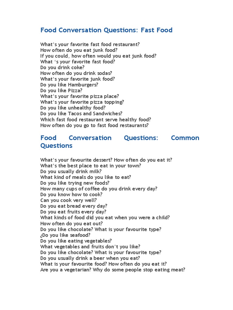 Fast Food Conversation Questions | PDF
