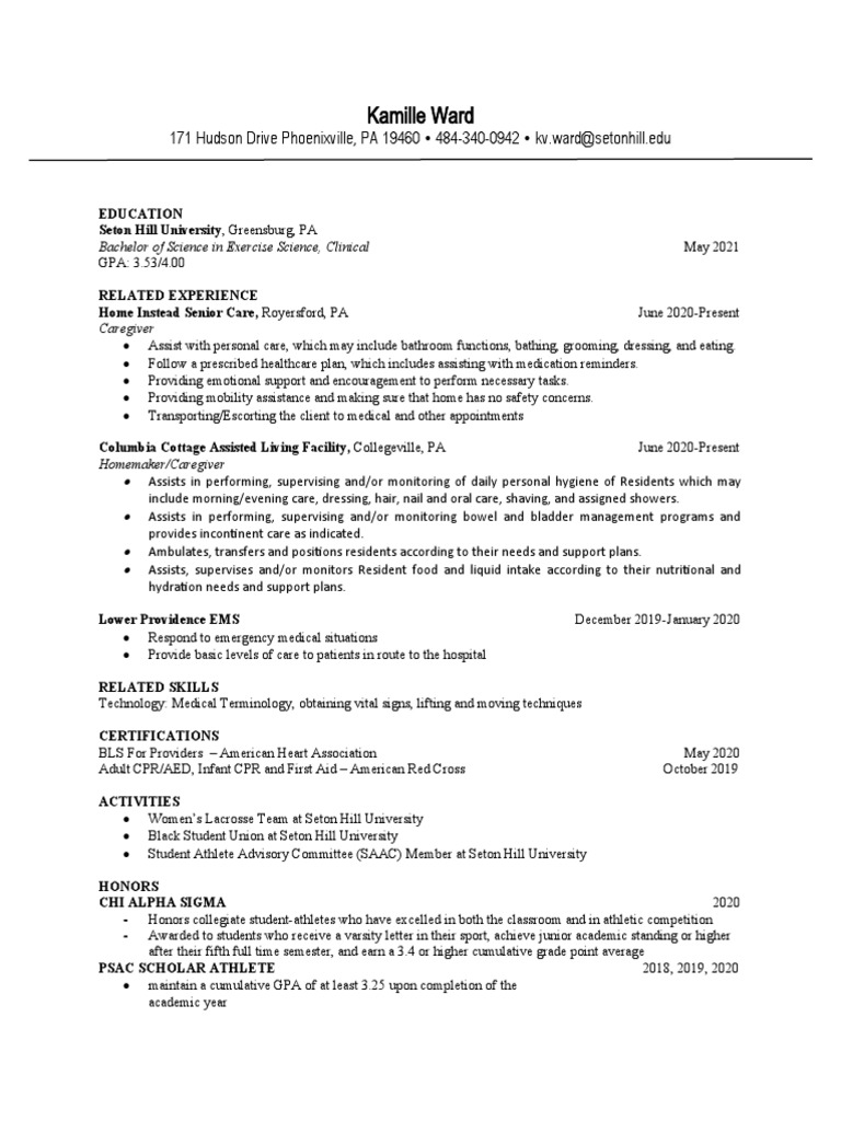 Exercise Science Resume | PDF | Caregiver | Emergency Medical Services