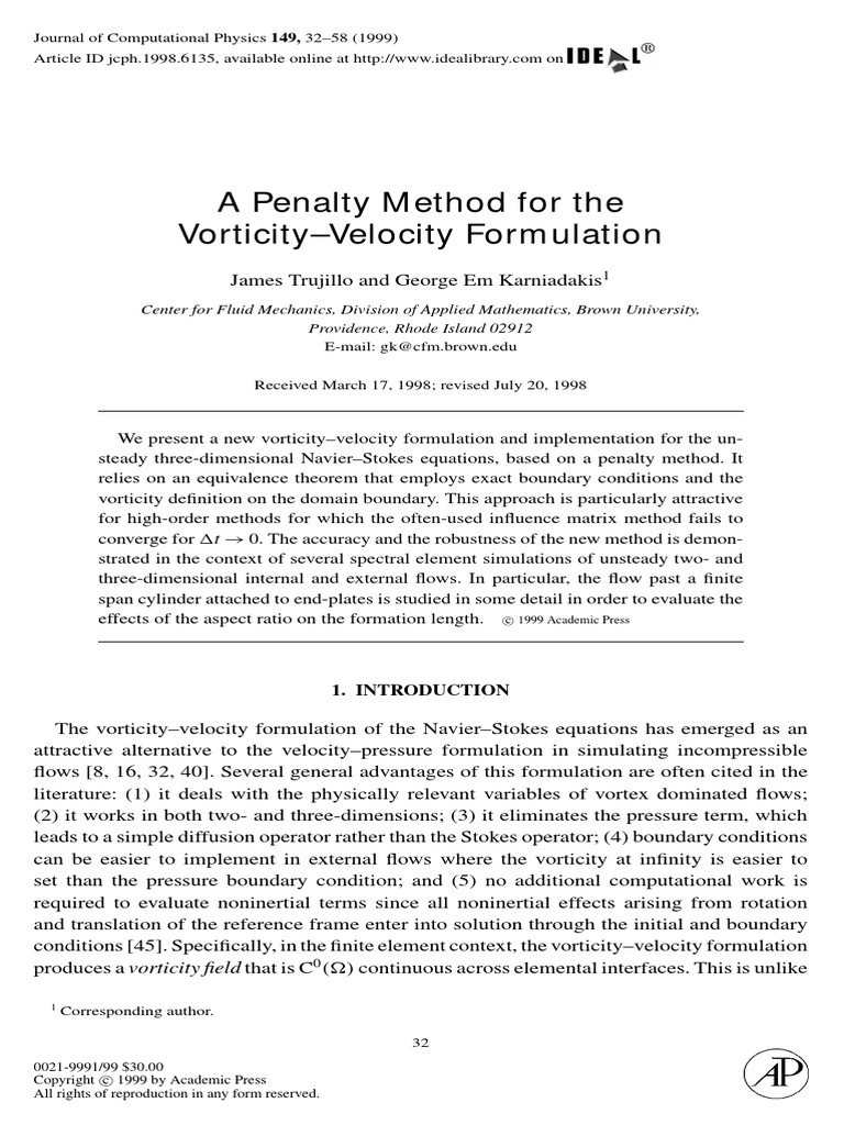 A Penalty Method For The Vorticity-Velocity Formulation: Journal of Computational Physics 149 ...