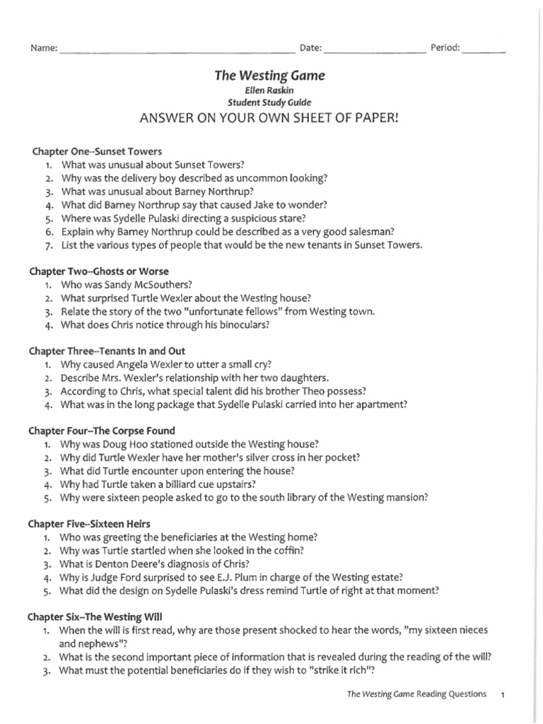 Westing Game Review Questions PDF | PDF | Leisure