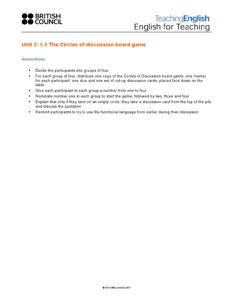 Unit 2: 1.5 The Circles of Discussion Board Game: Instructions | PDF ...