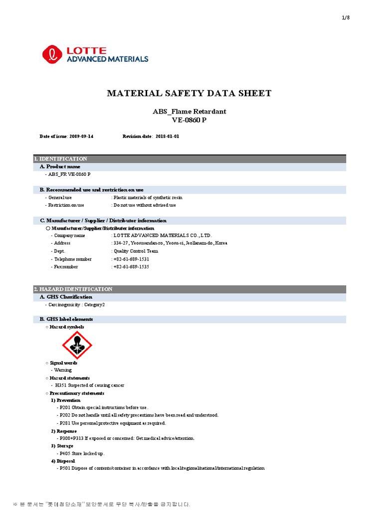 Material Safety Data Sheet: ABS - Flame Retardant VE-0860 P | PDF ...