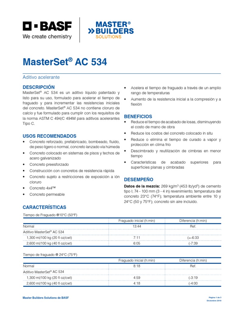 Mbs Masterset Ac 534 - Ficha Tecnica PDF | PDF | Hormigón | Química