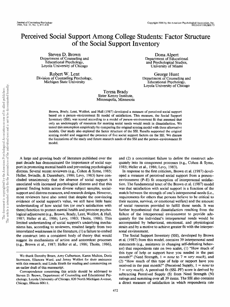 Perceived Social Support Among College Students: Factor Structure of ...