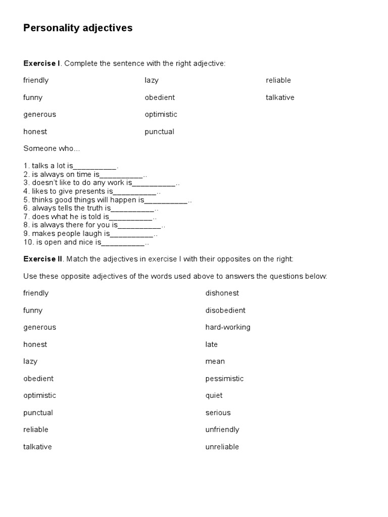 Personality Adjectives - Exercise | PDF
