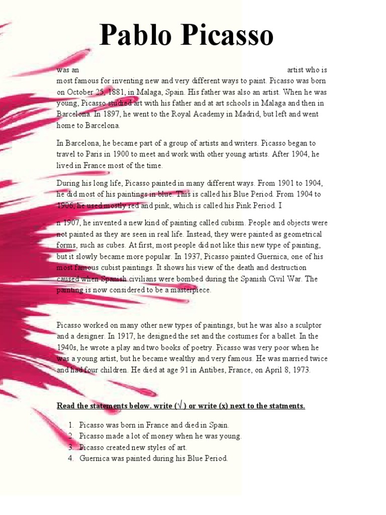 Pablo Picasso: Read The Statements Below. Write or Write (X) Next To ...