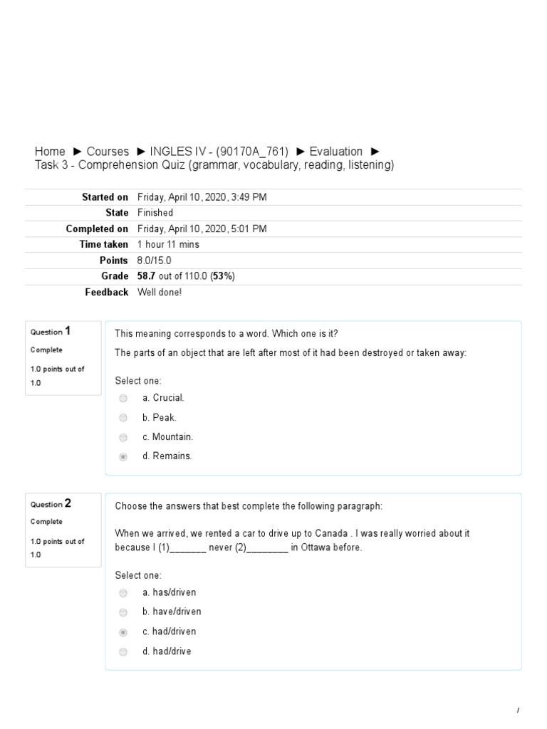 Task 3 - Comprehension Quiz (Grammar, Vocabulary, Reading, Listening ...