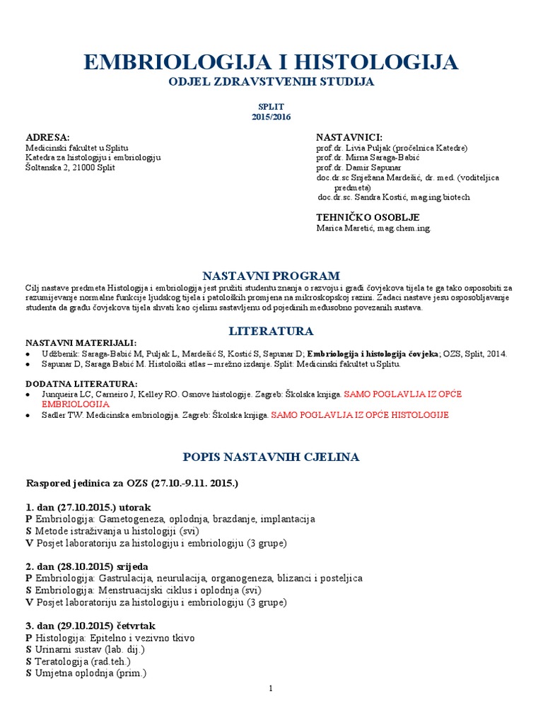 Embriologija I Histologija: Odjel Zdravstvenih Studija | PDF