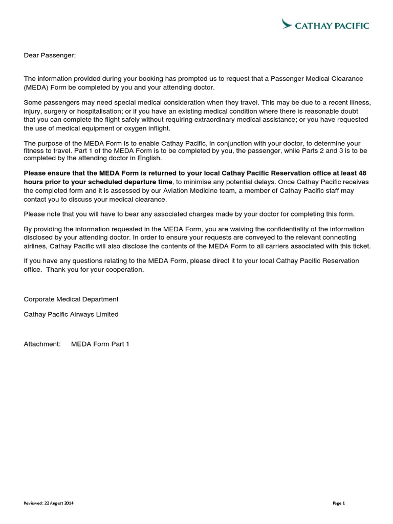 CX MEDA Form Passenger Oct2014 PDF | PDF | Flight Attendant | Airlines