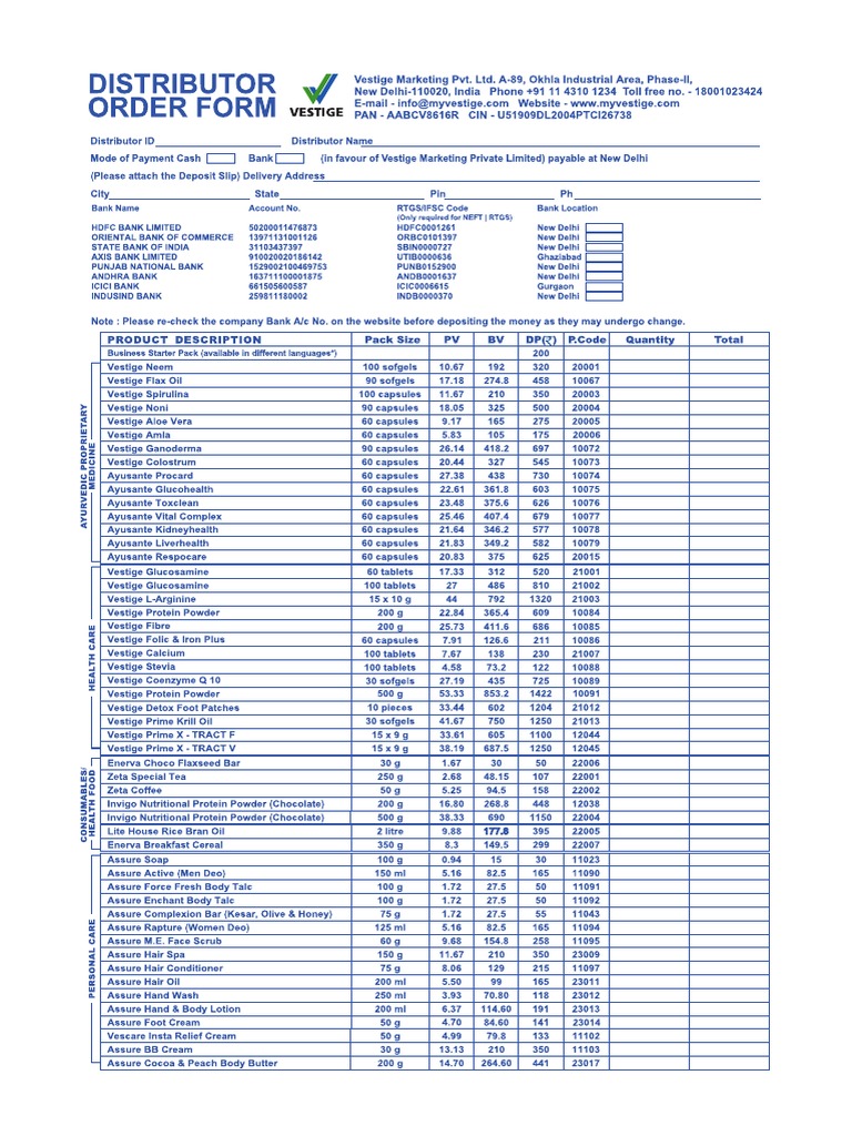 Vestige Order Form | PDF