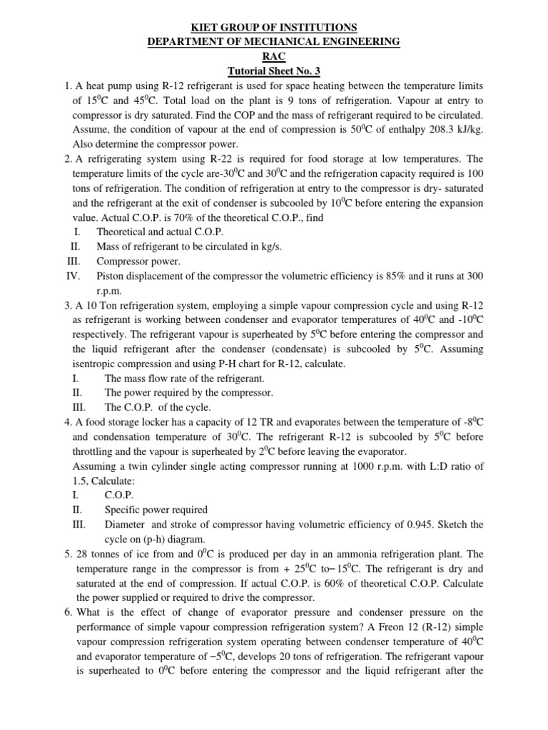RAC Tutorial Sheet 3 | PDF | Refrigeration | Heat Exchanger